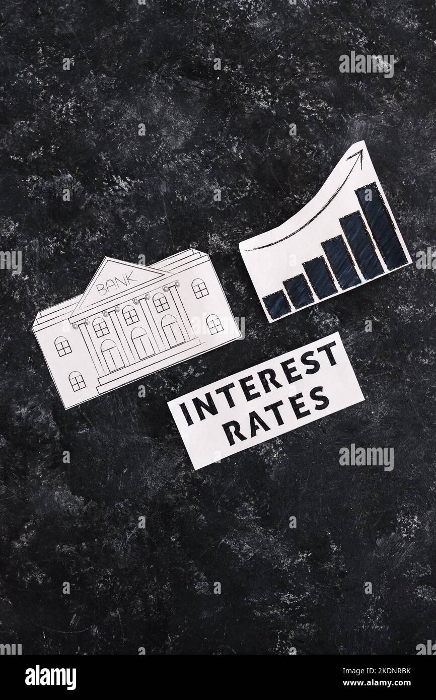 interest rates text with bank icon next to graph with stats going up ...