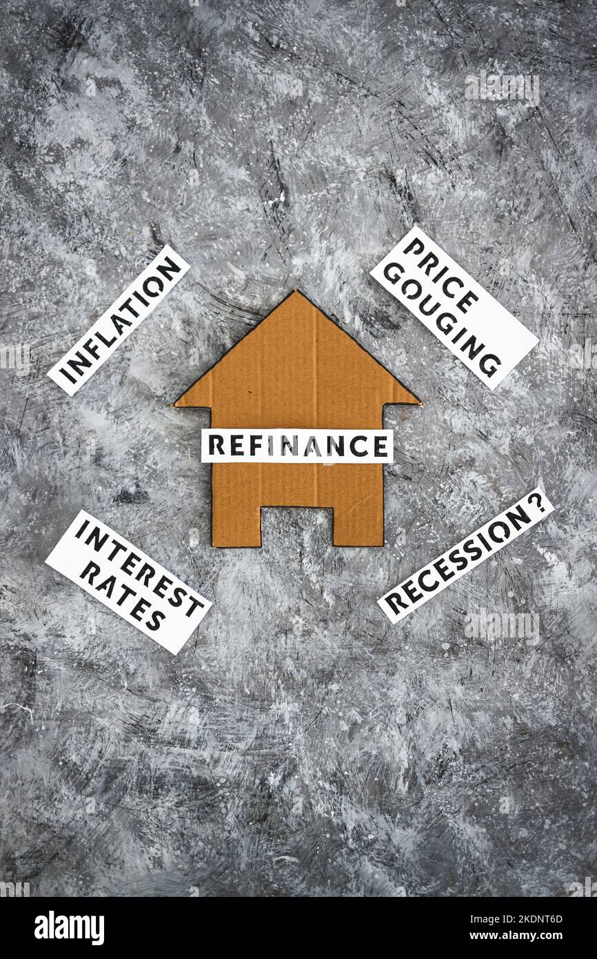 house with refinance text surrounded by concepts like interest rates ...