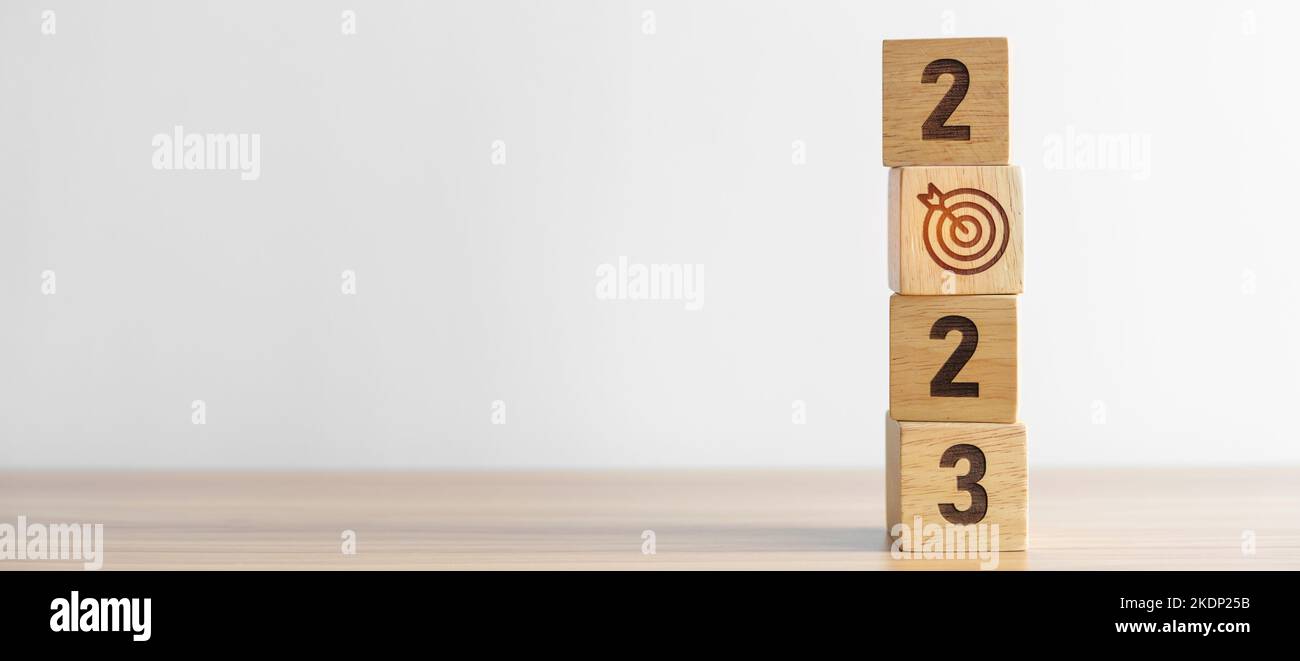 2023 block with dartboard icon. Goal, Target, Resolution, strategy, plan, Action, mission ...