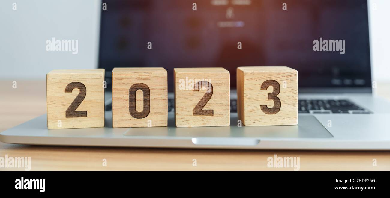 2023 Year block against computer laptop background. Goal, Target ...