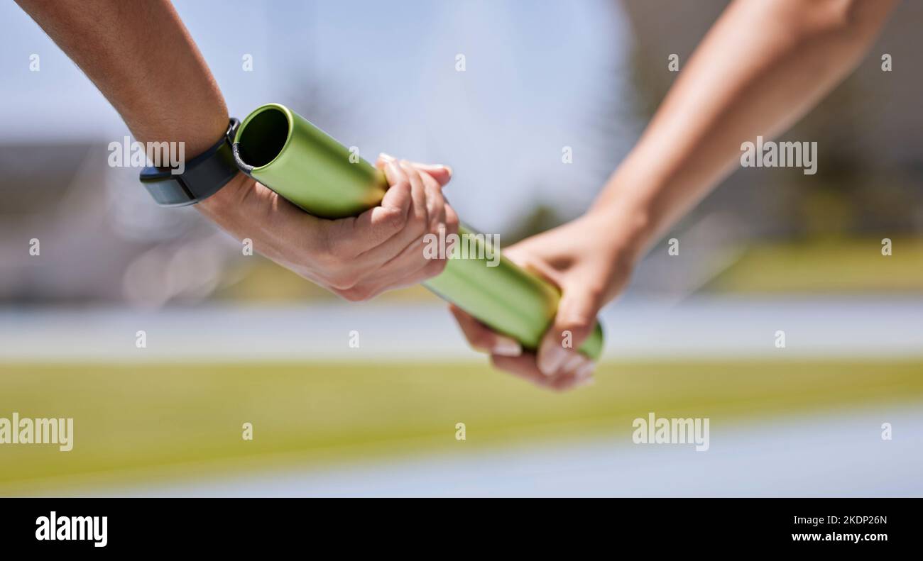 Sports, running and hands of runner with baton for exercise, fitness ...