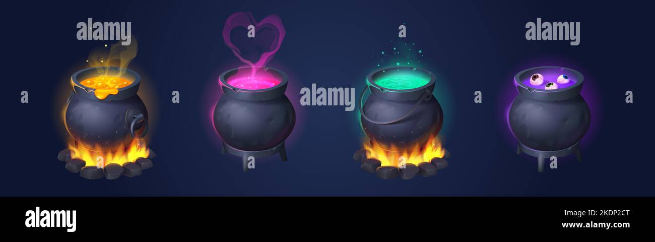 Black cauldrons with boiling magic potions, poison and love elixir. Old ...
