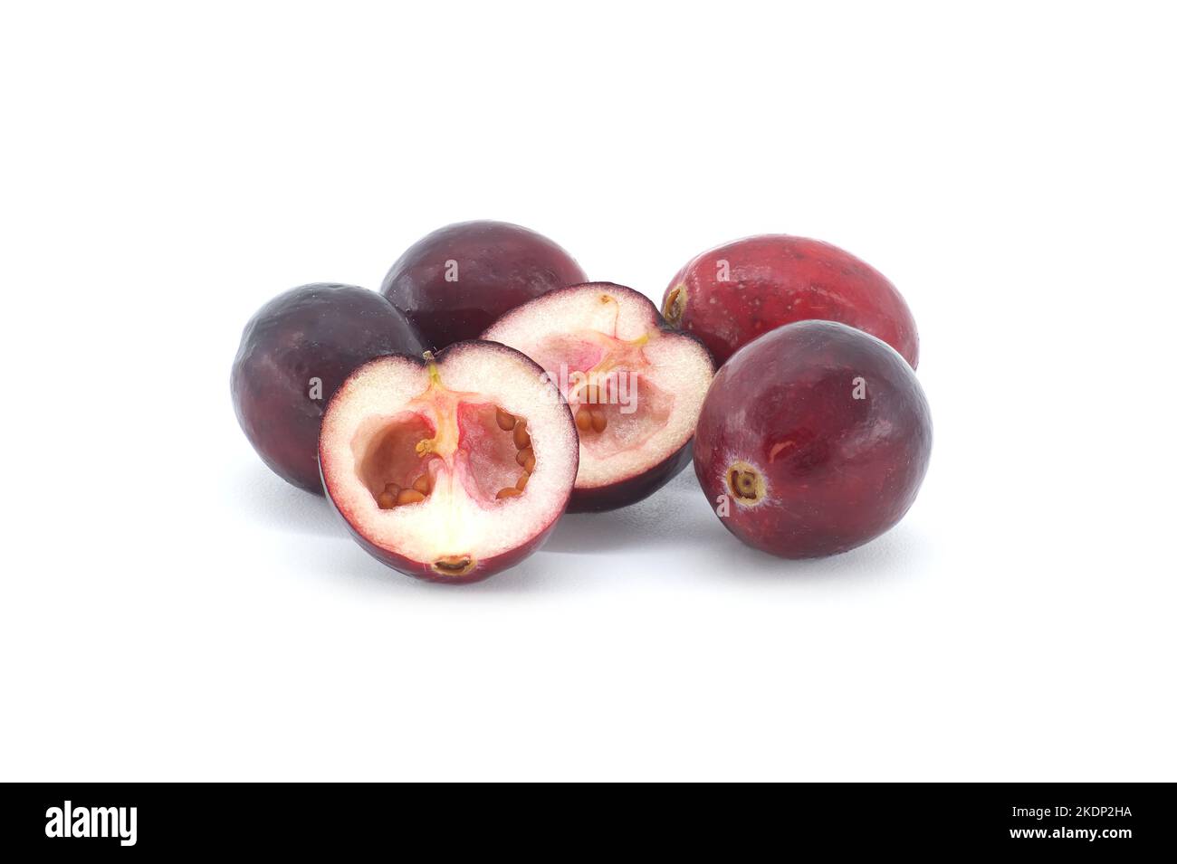 Fresh cranberries and cranberry berry cut in half isolated on white ...