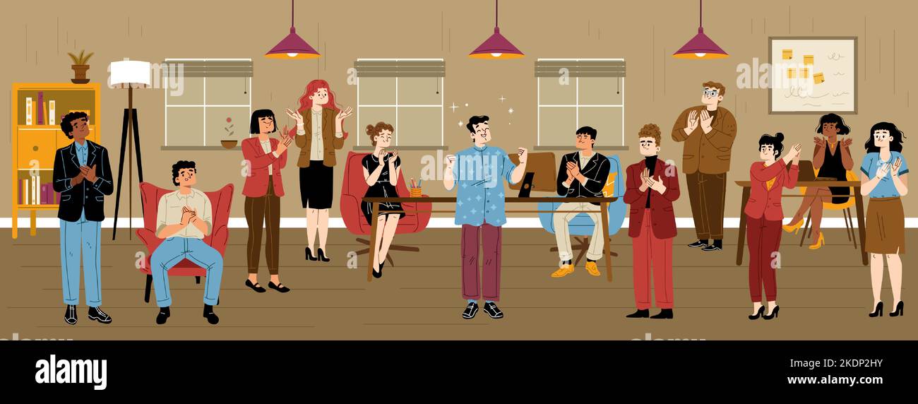 People clap, team congratulate colleague in office interior. Business characters applaud to ...