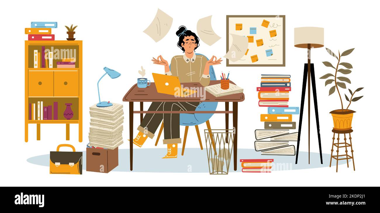 Woman relax in zen pose in office with stacks of paperwork. Concept of ...