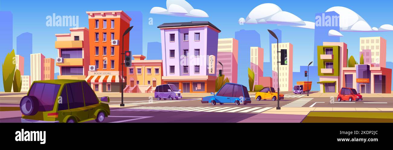 Cars driving at city crossroad on cityscape background with buildings ...