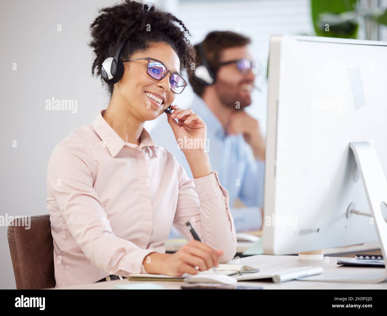 Call center, black woman and customer service on computer, consulting ...