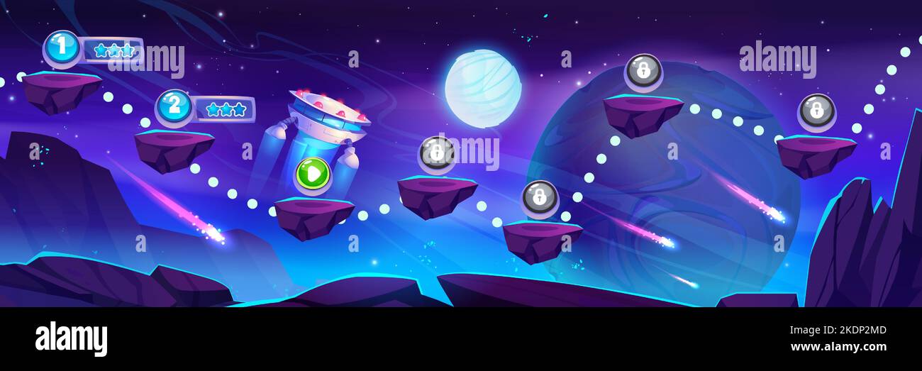 Space game level map with ufo saucer fly over the rock platforms on ...