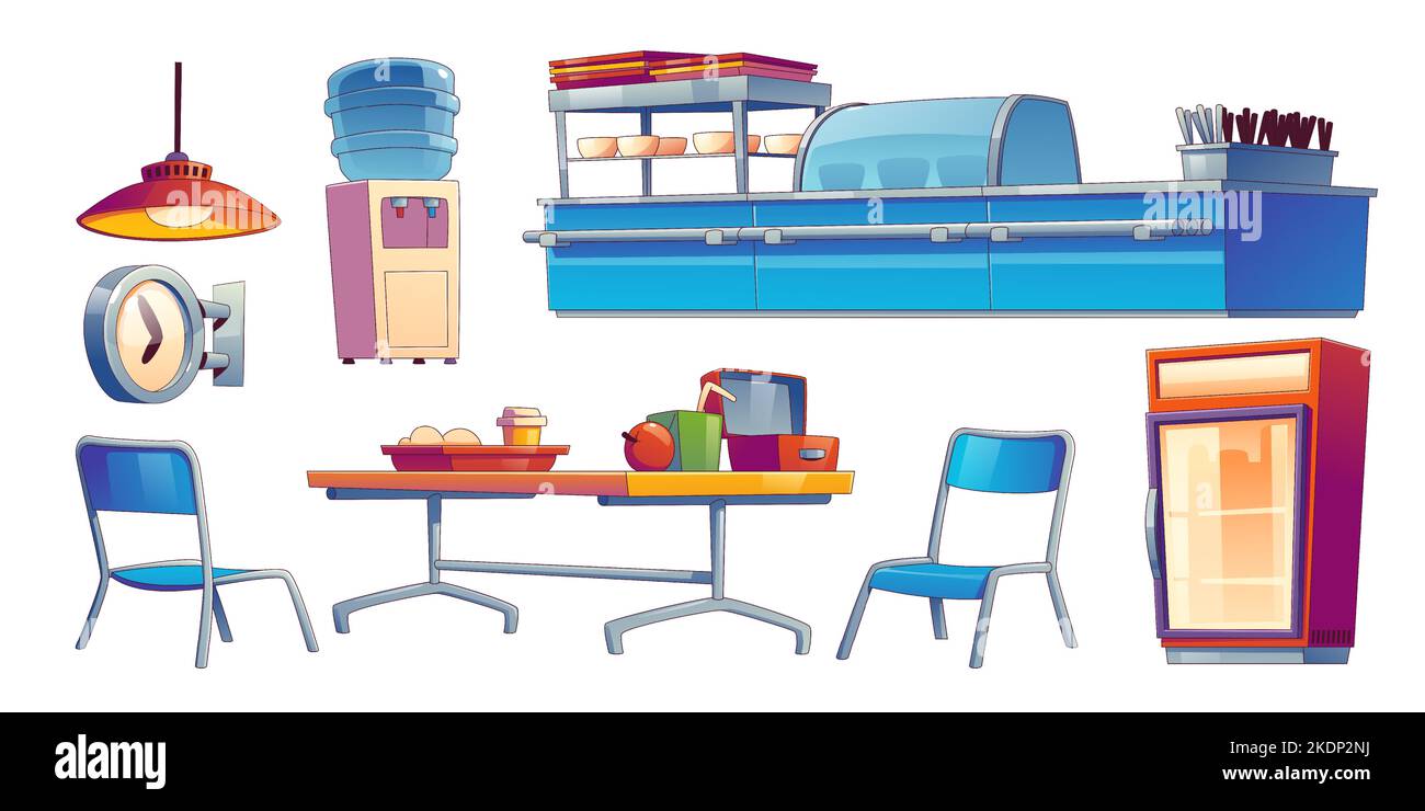 School canteen, cafeteria interior set with counter, table, chairs ...