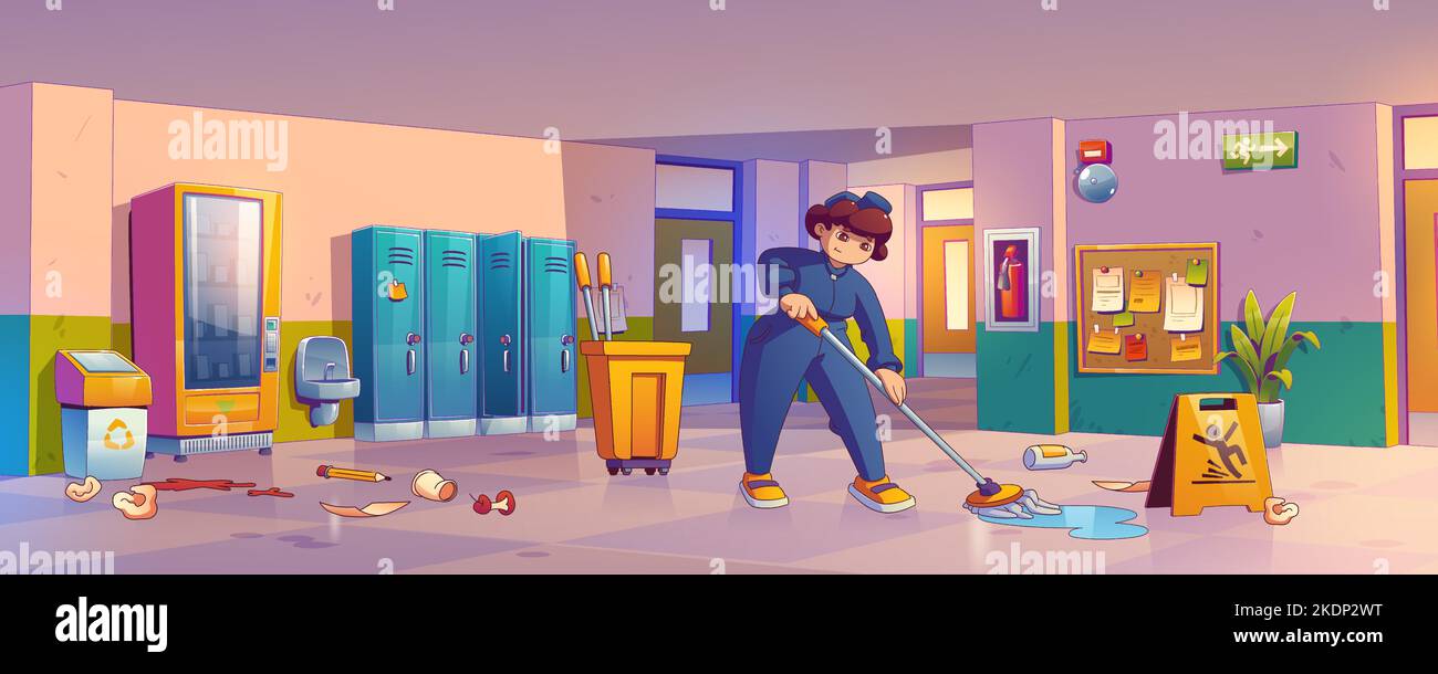 Janitor woman mopping floor in school hallway with scatter rubbish and ...