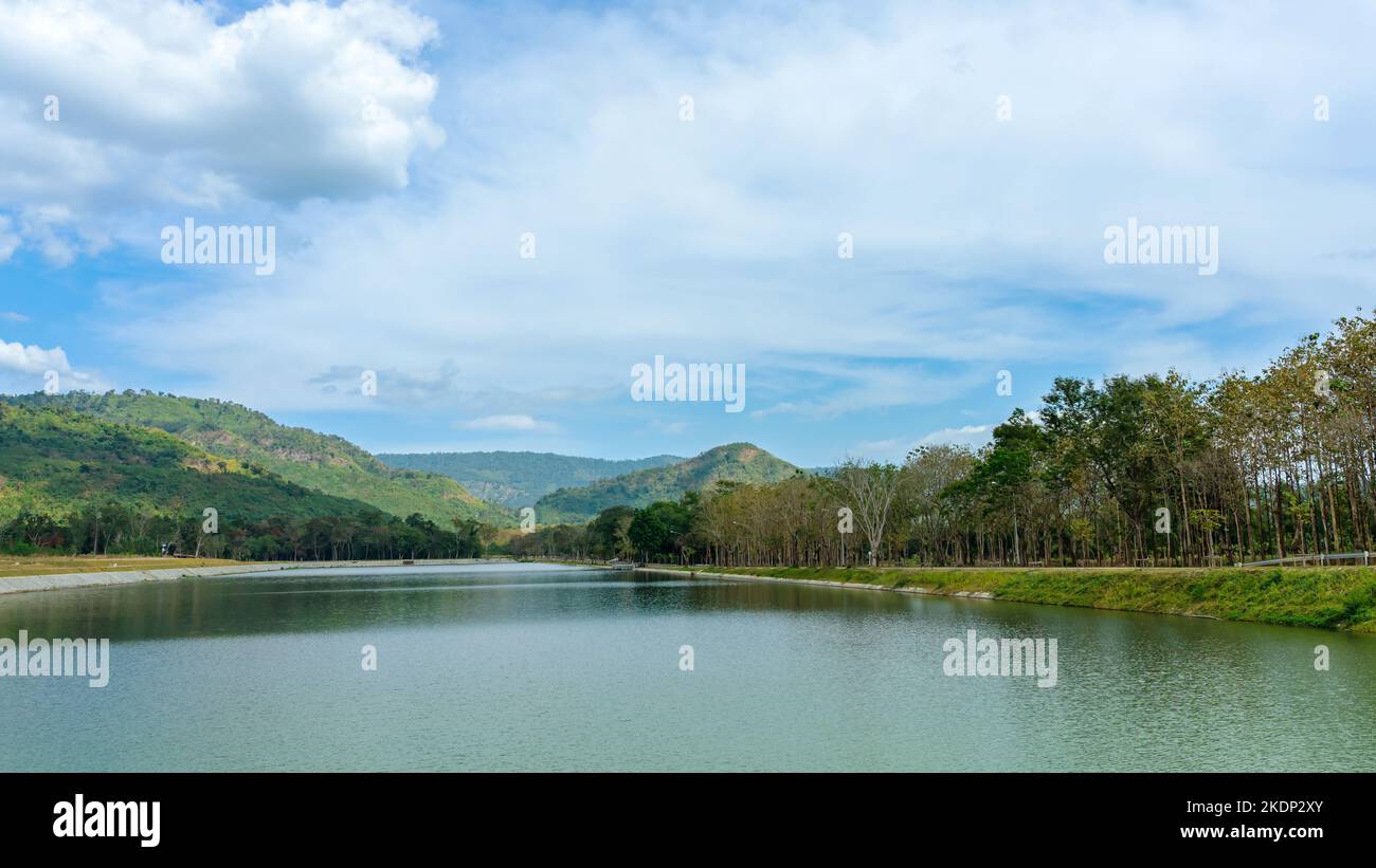 Beautiful and peaceful view of large reservoir with surrounding ...