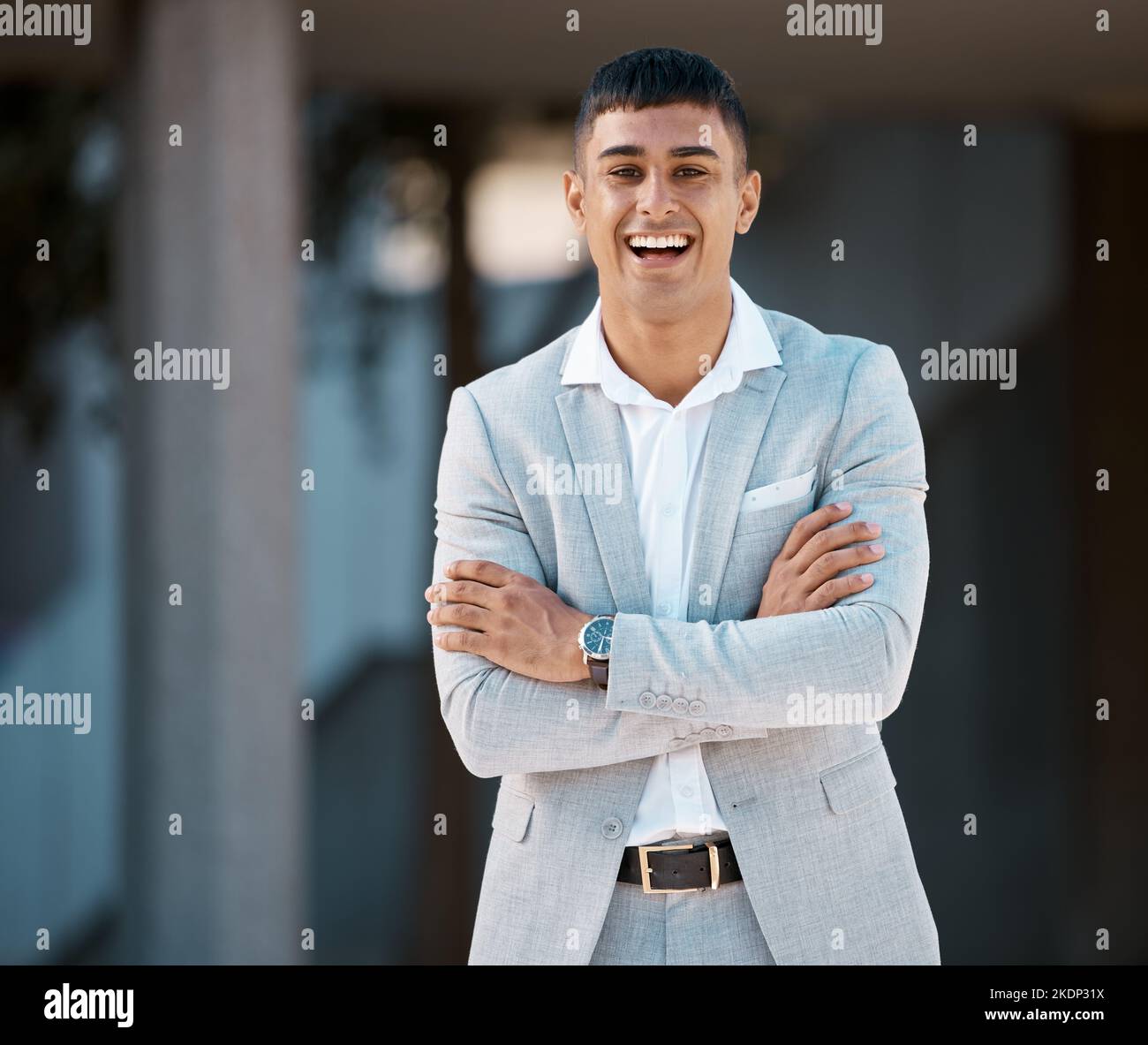 Happy, smile and portrait of young businessman standing outside his ...