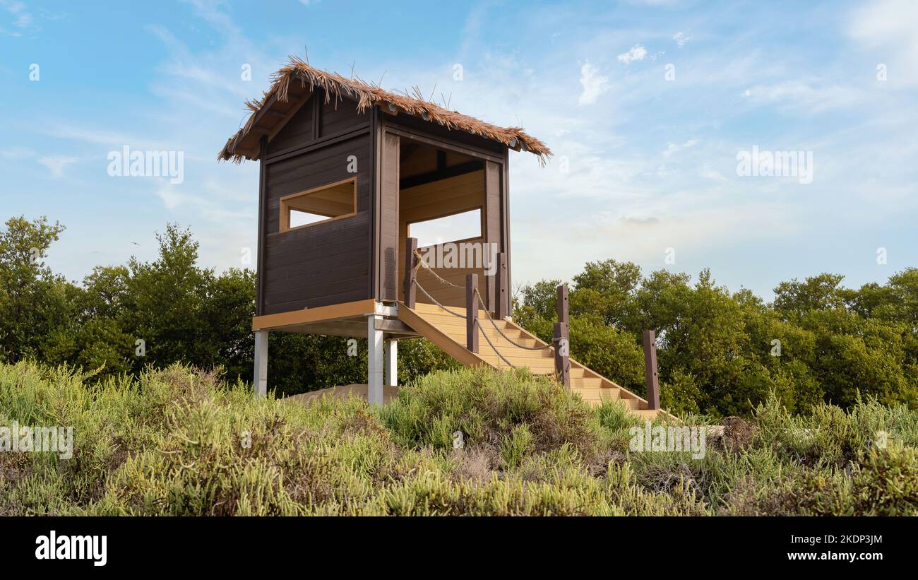 Bird watching cabin in al khor mangrove island Stock Photo - Alamy