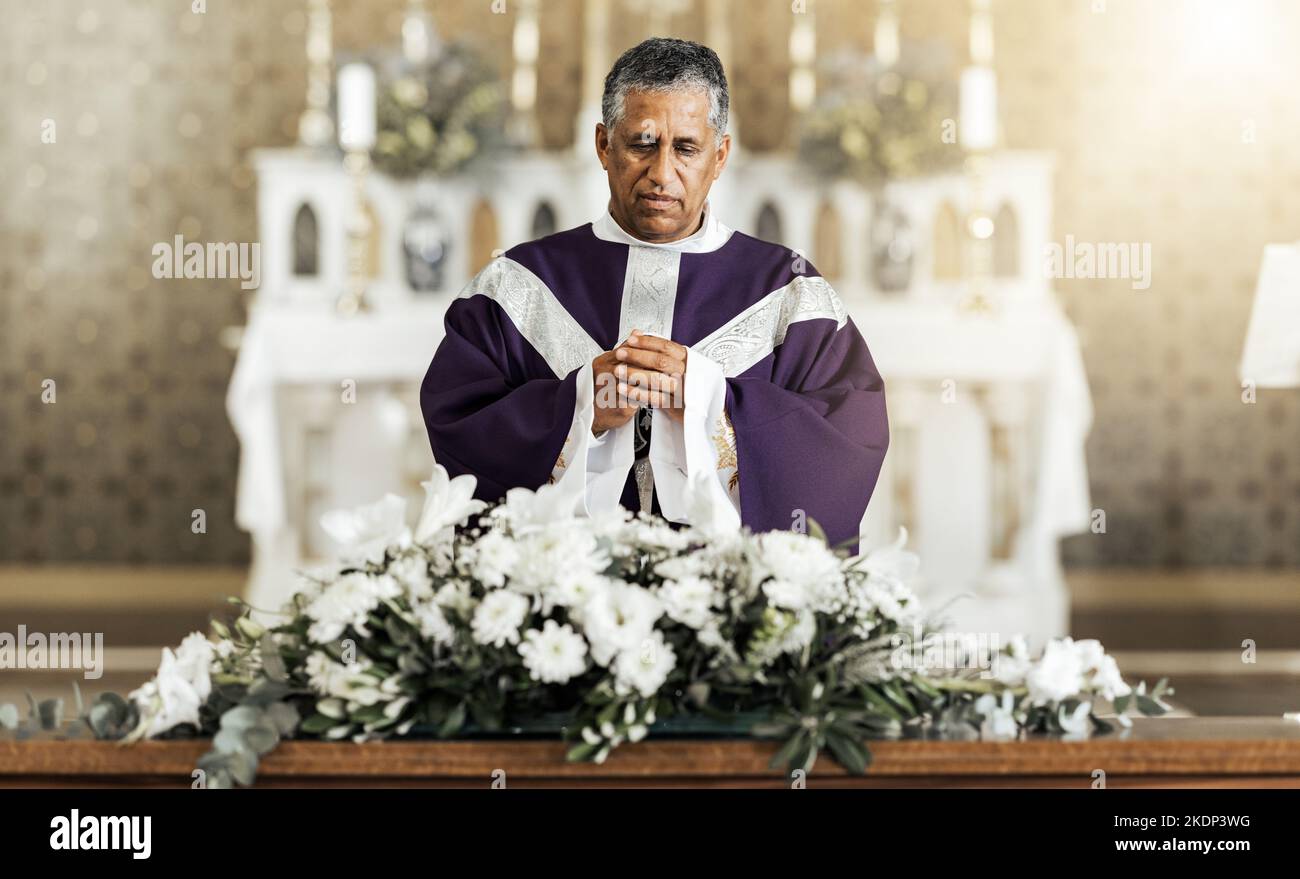 Funeral Prayer And Pastor In A Church For Worship Farewell And