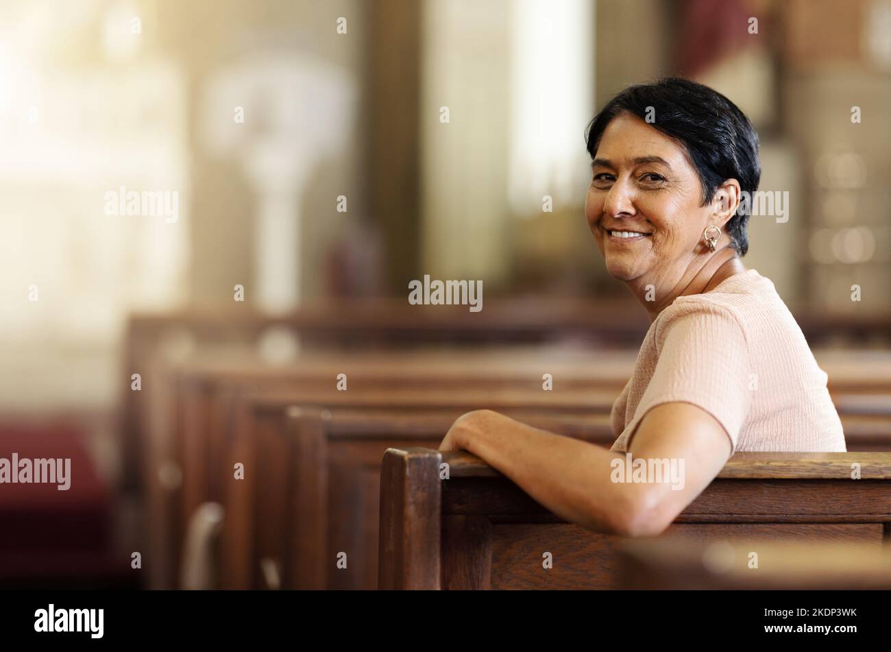 Senior woman, christian and happy in church, spiritual and religion ...