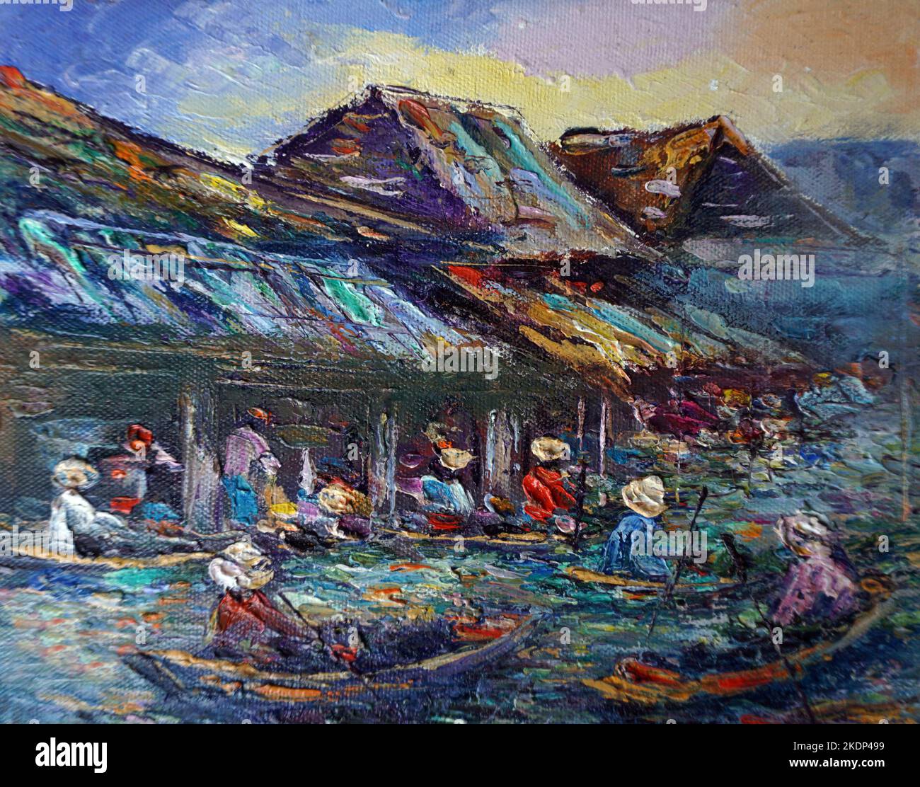 original impressionism art oil painting floating market damnoen saduak ...