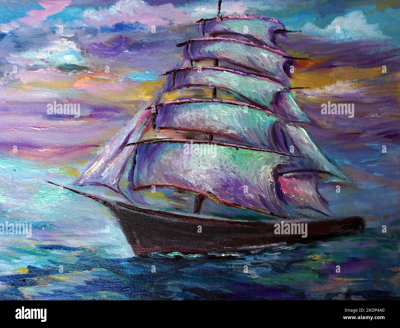 Art painting oil color barque lucky , sailboat , junk boat , Lucky ...