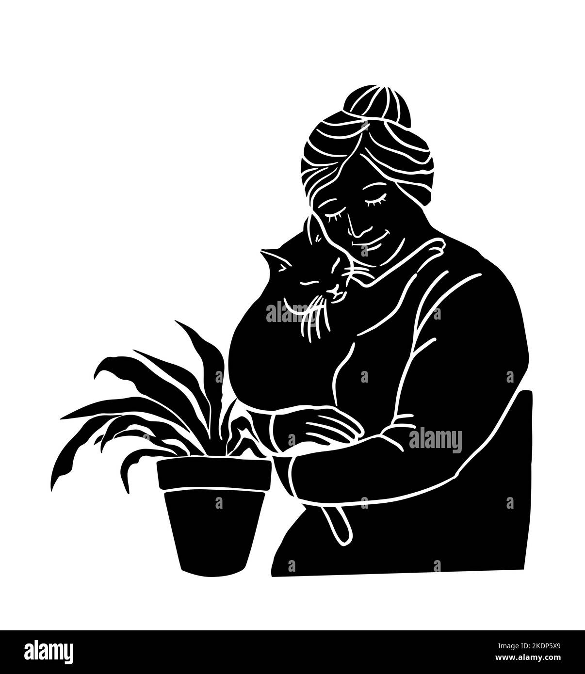 Woman hugging with a cat silhouette. Vector illustration. Home comfort ...