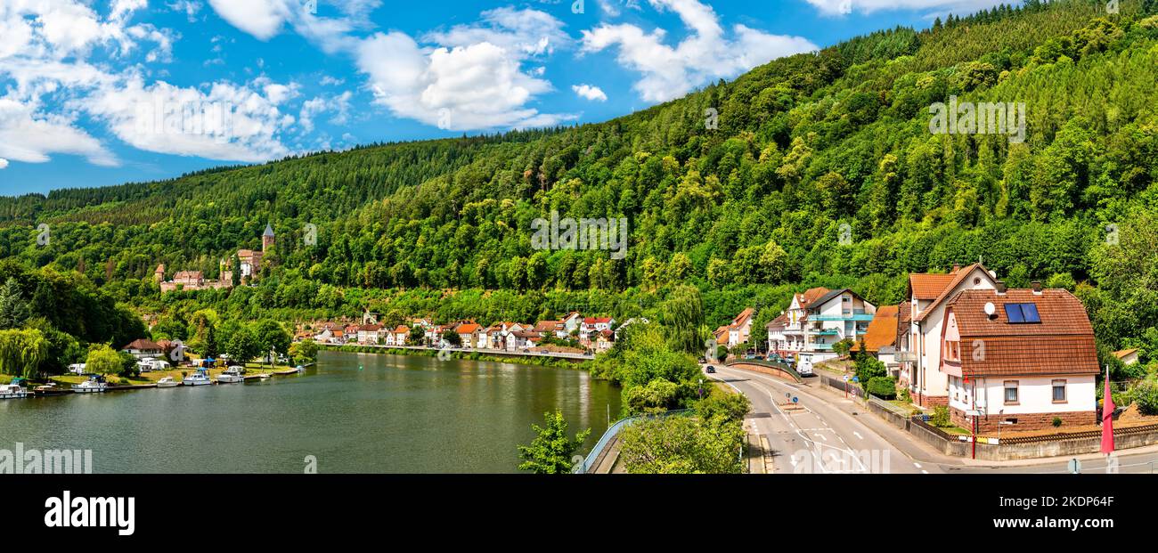 Zwingenberg Village with its castle above the Neckar river in Odenwald ...