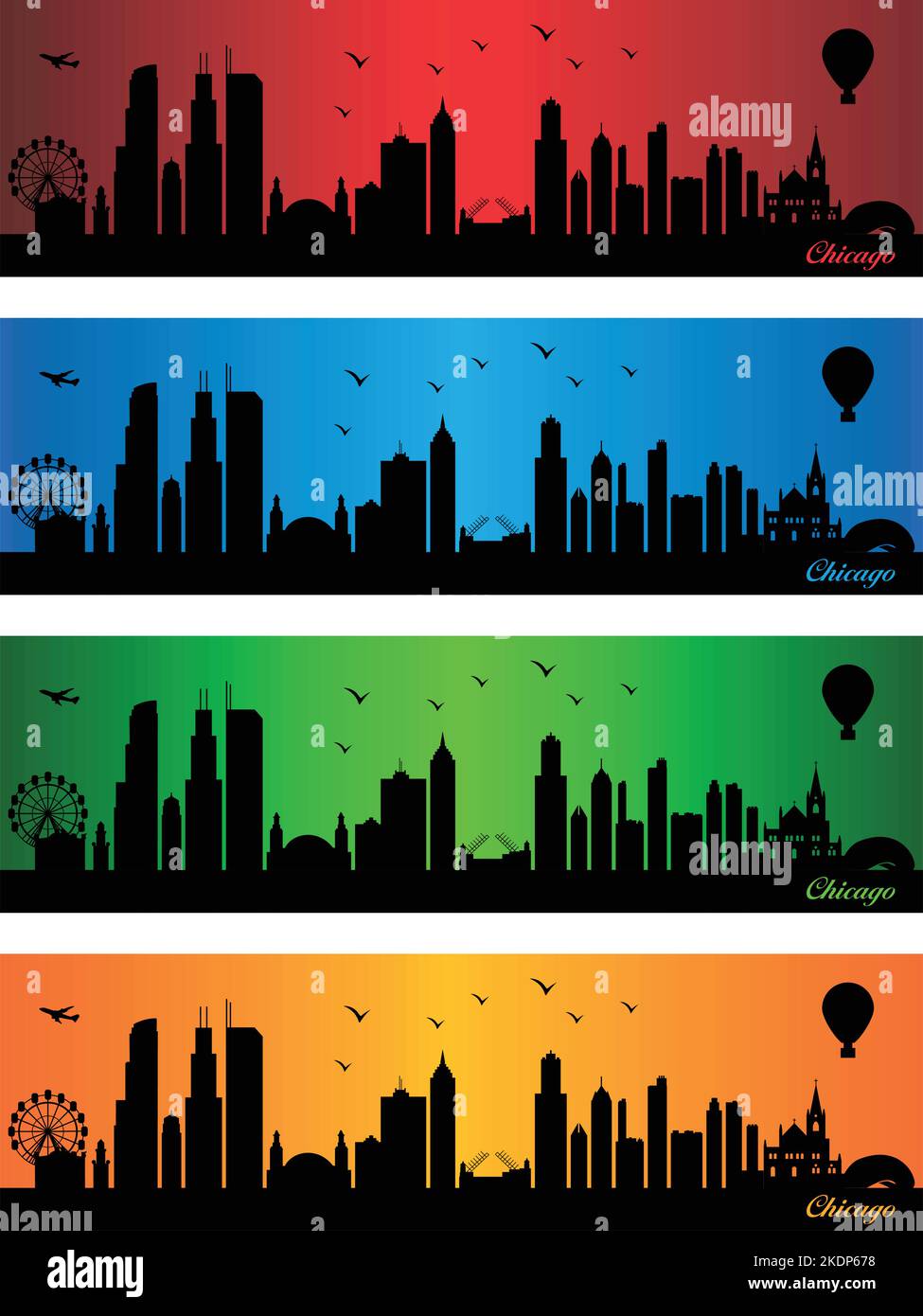 Chicago city in a four different colors - illustration, Town in colors ...