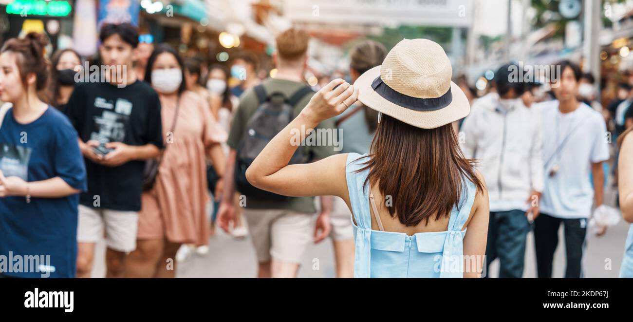 woman traveling with hat, Asian traveler standing at Chatuchak Weekend ...