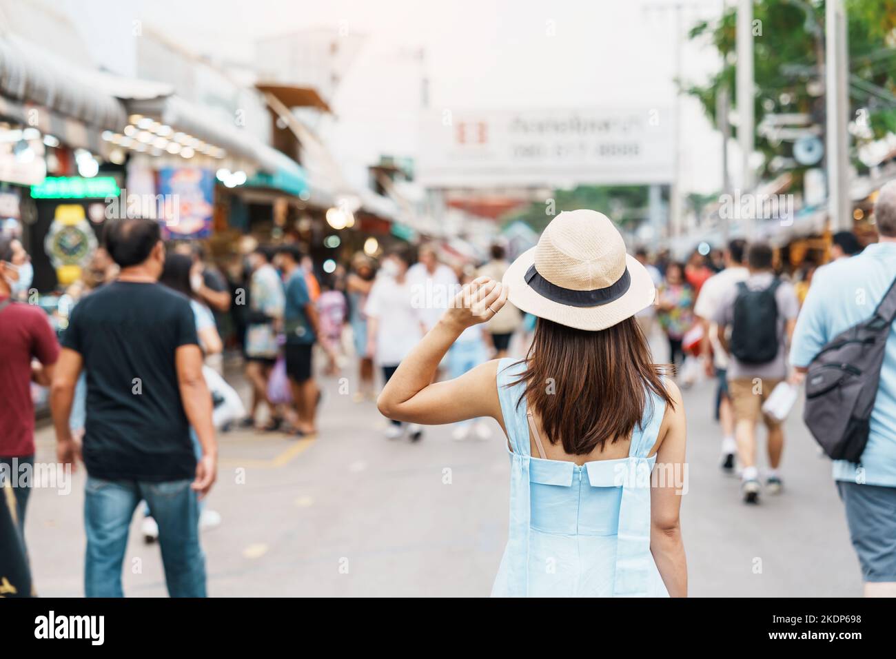woman traveling with hat, Asian traveler standing at Chatuchak Weekend ...