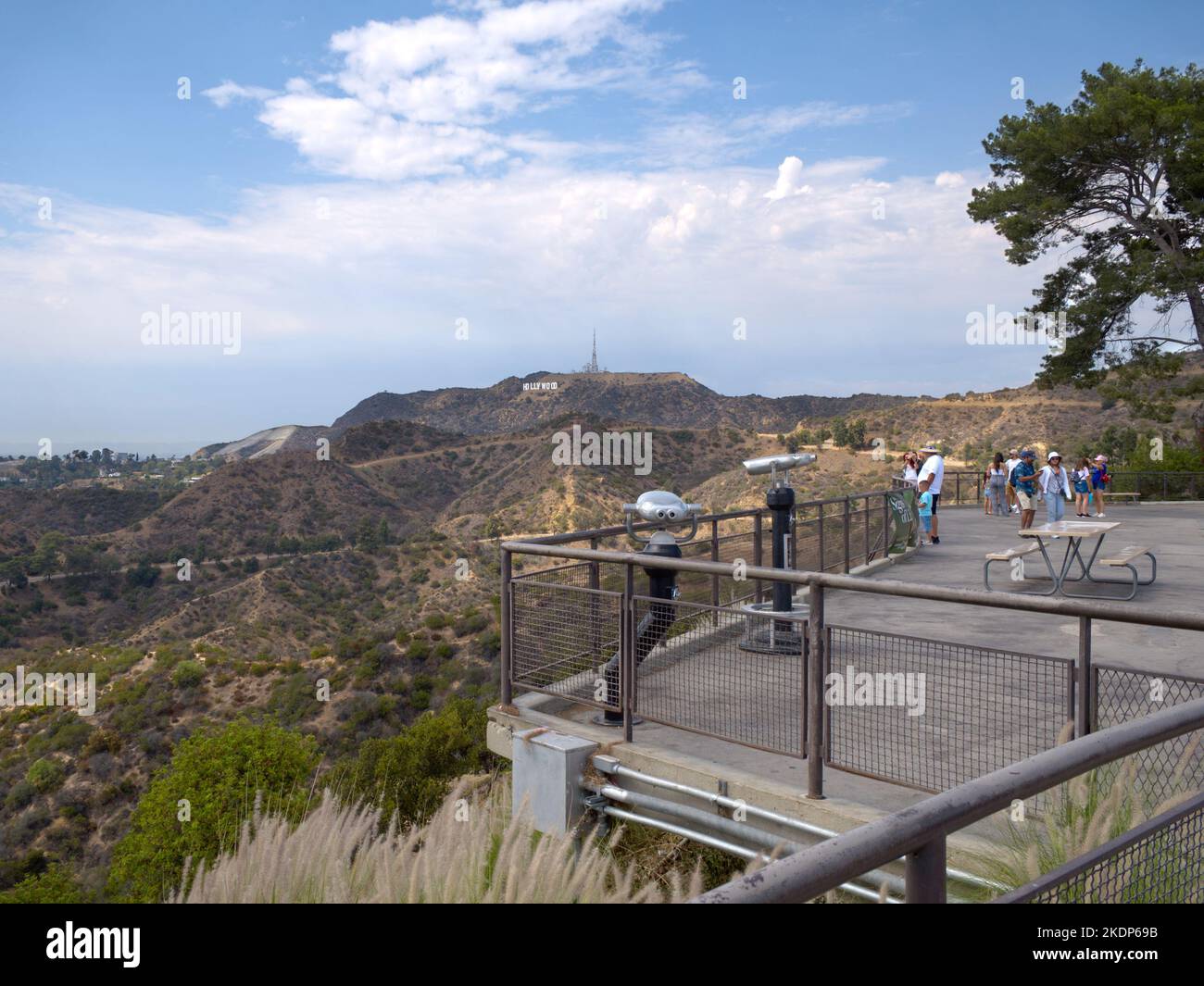 Binoculars pointing at the Hollywood sign from a viewpoint in Griffith ...