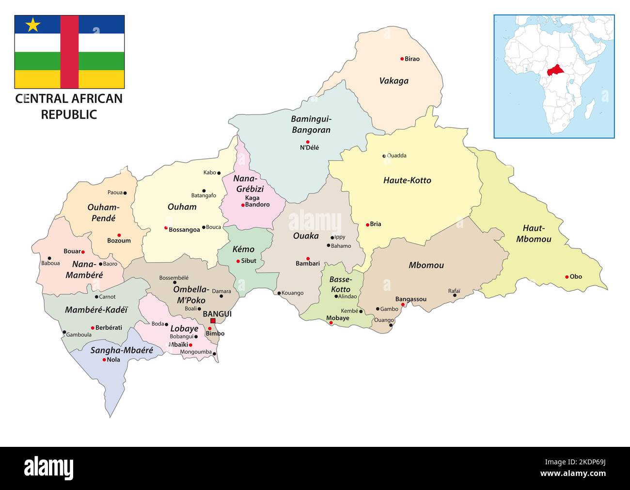 Administrative map of the Central African Republic with a flag Stock ...