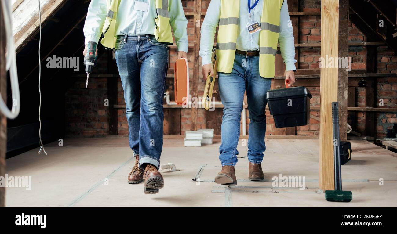 Walking, construction and teamwork with an engineer and designer ...