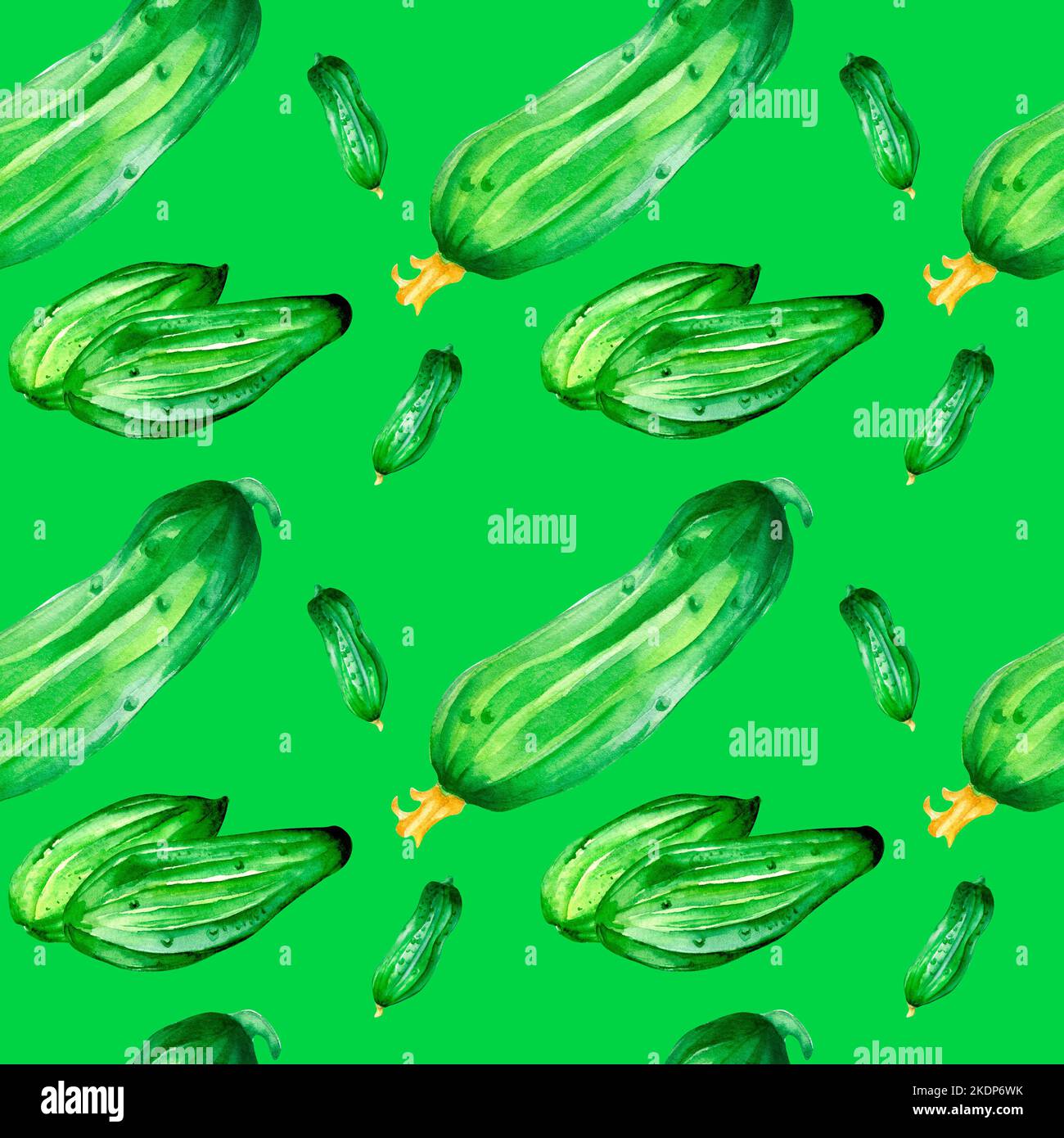 Green cucumbers plant watercolor illustration seamless pattern on green ...