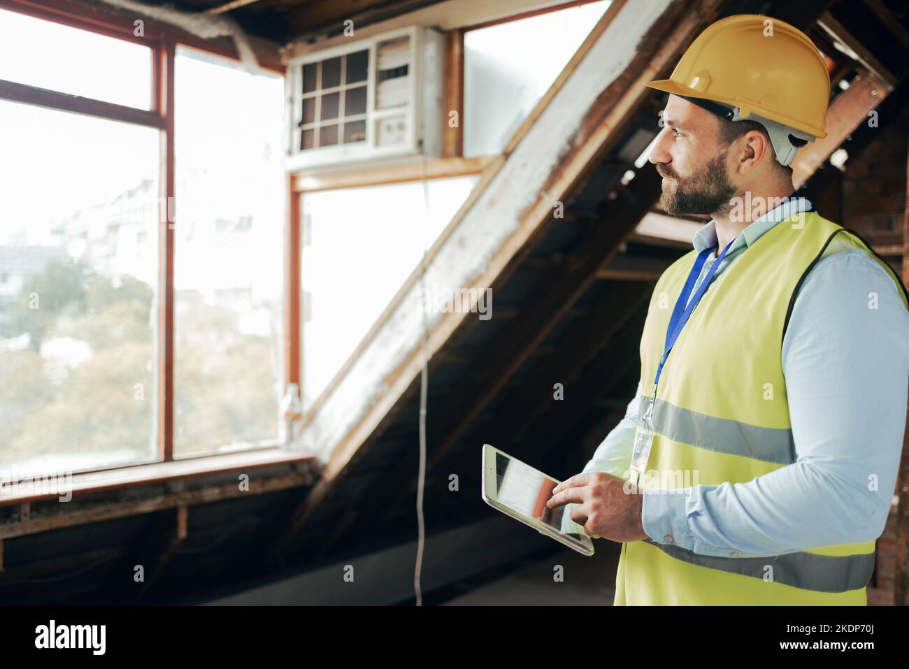 Thinking construction worker, man and tablet for real estate ideas ...