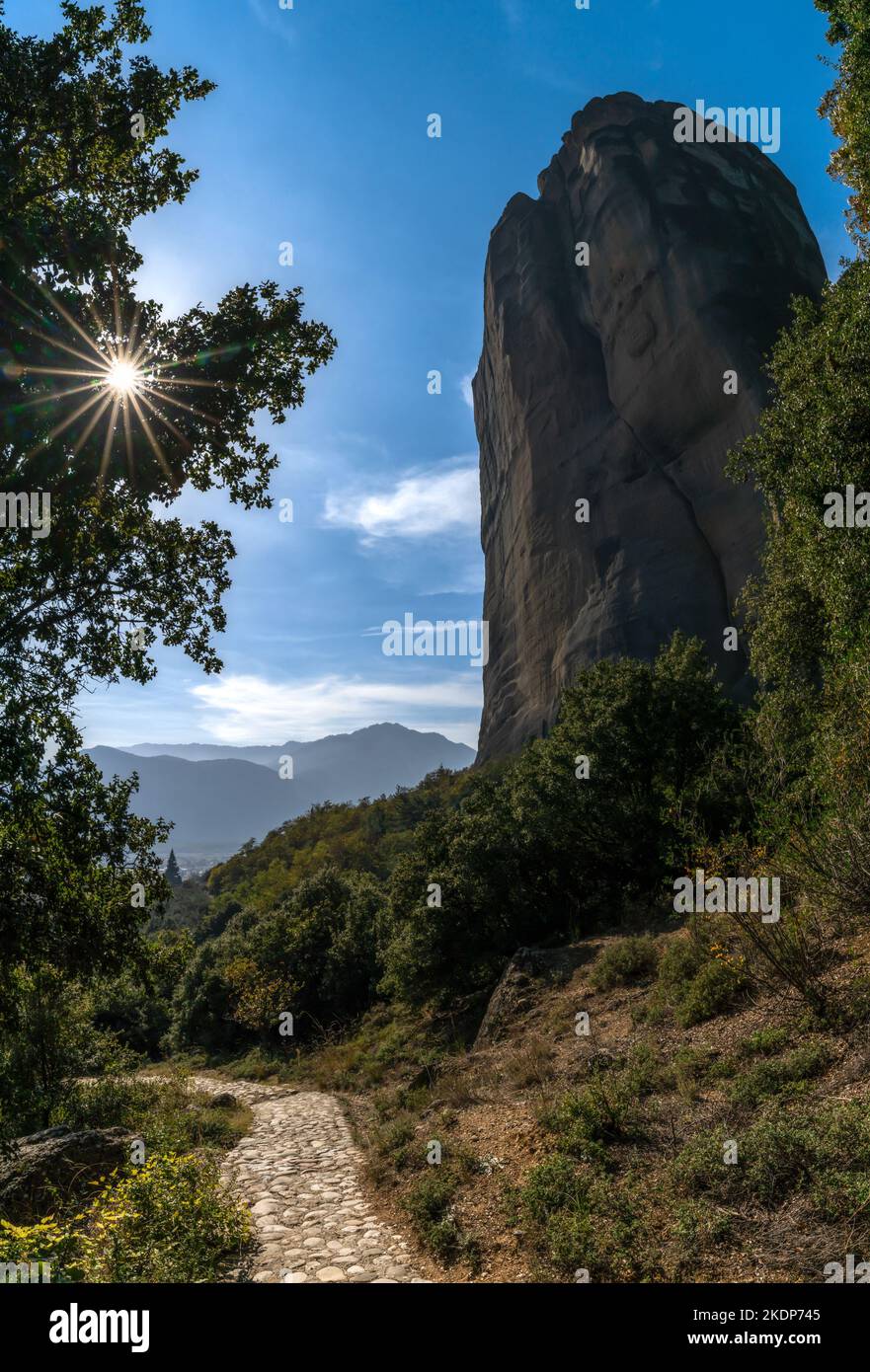 stone hiking path in the wild rock pillar landscape of Meteora in ...