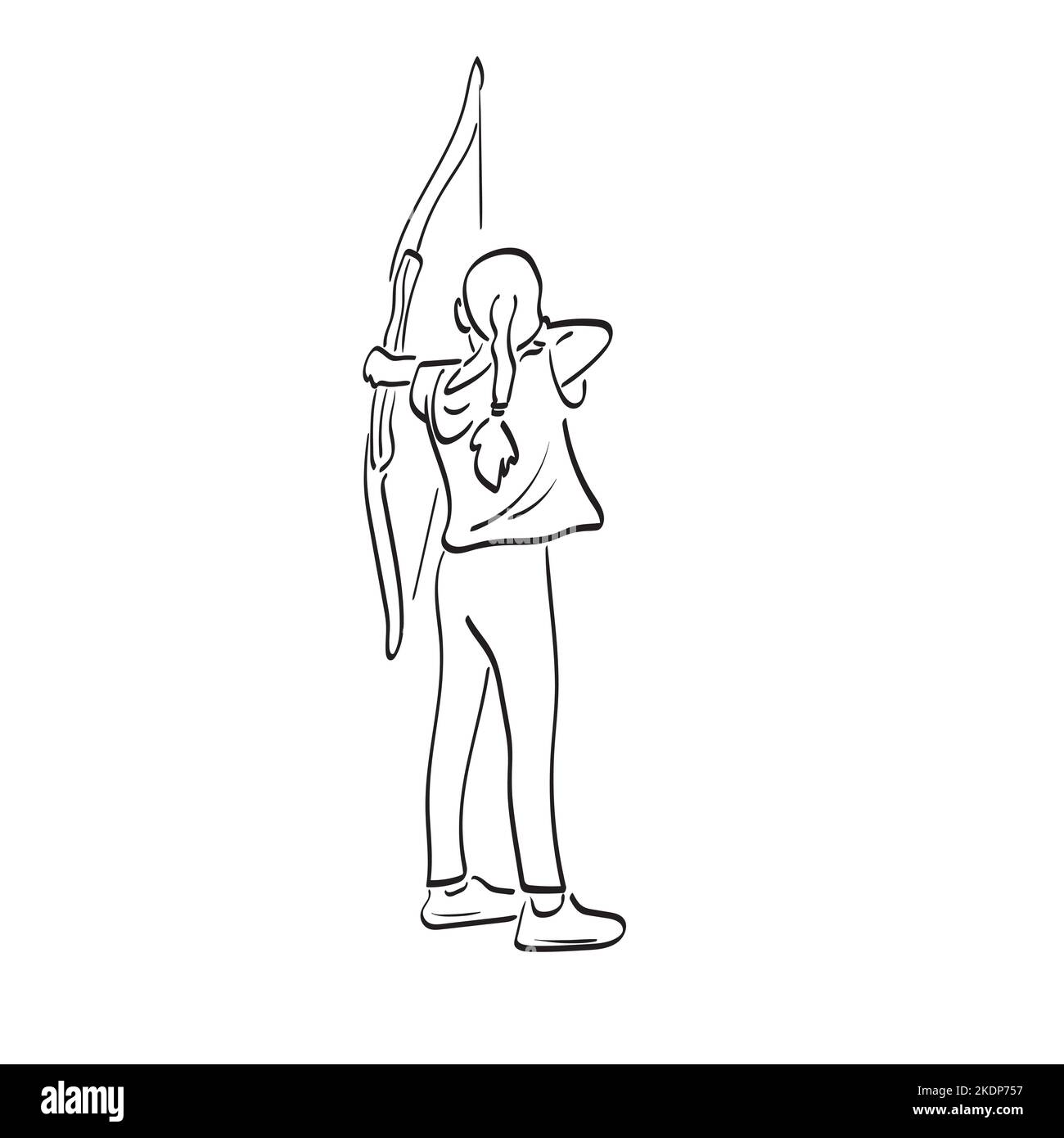 line art girl archery from back view illustration vector hand drawn ...