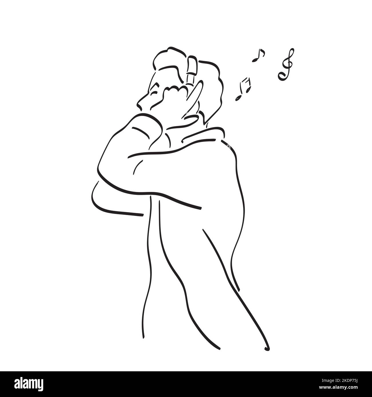line art man listening to music with headphone illustration vector hand ...