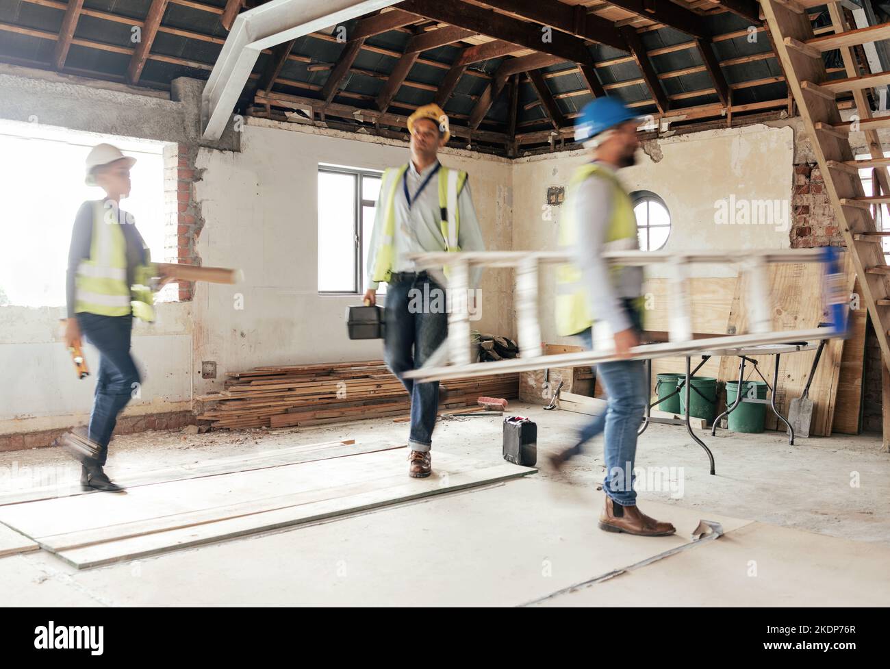 Construction worker, busy and team working building development ...