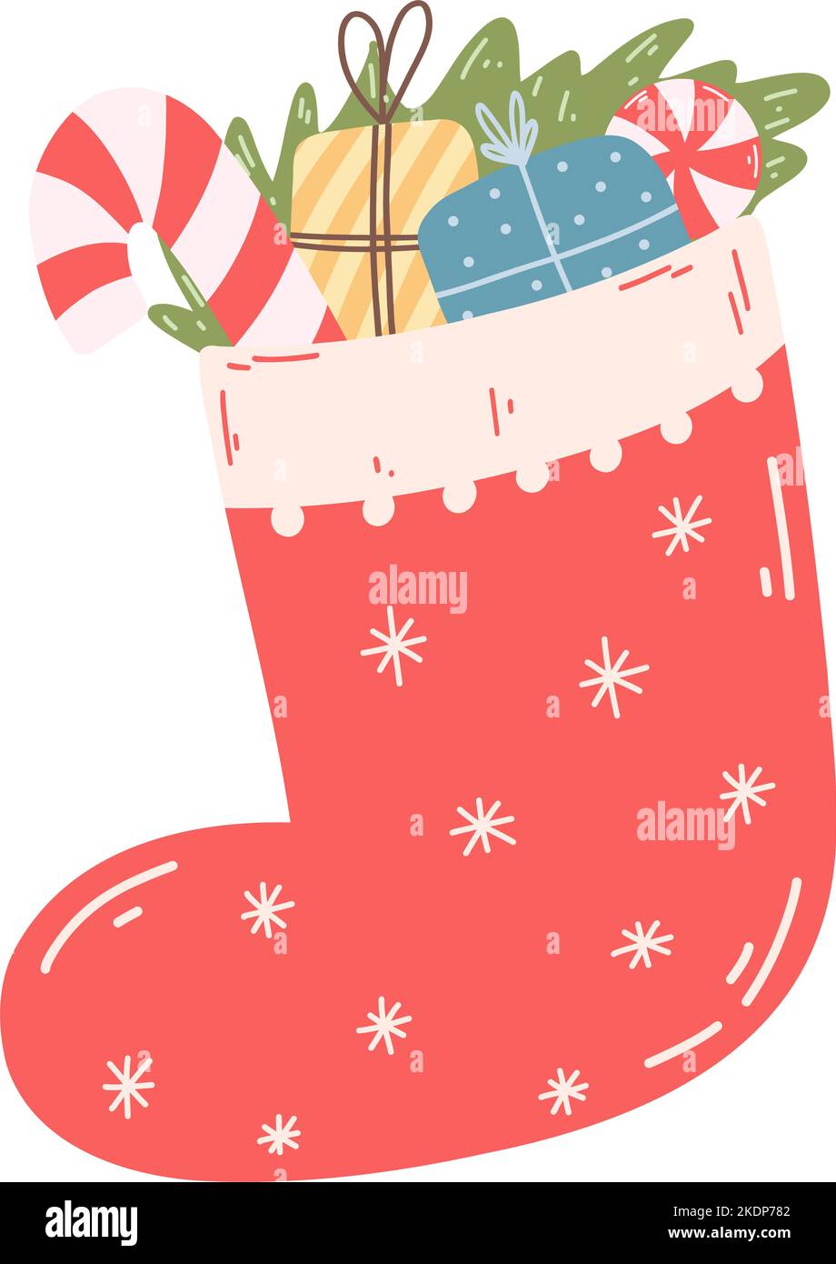 Christmas sock with gifts and sweets in cartoon flat style. Hand drawn ...
