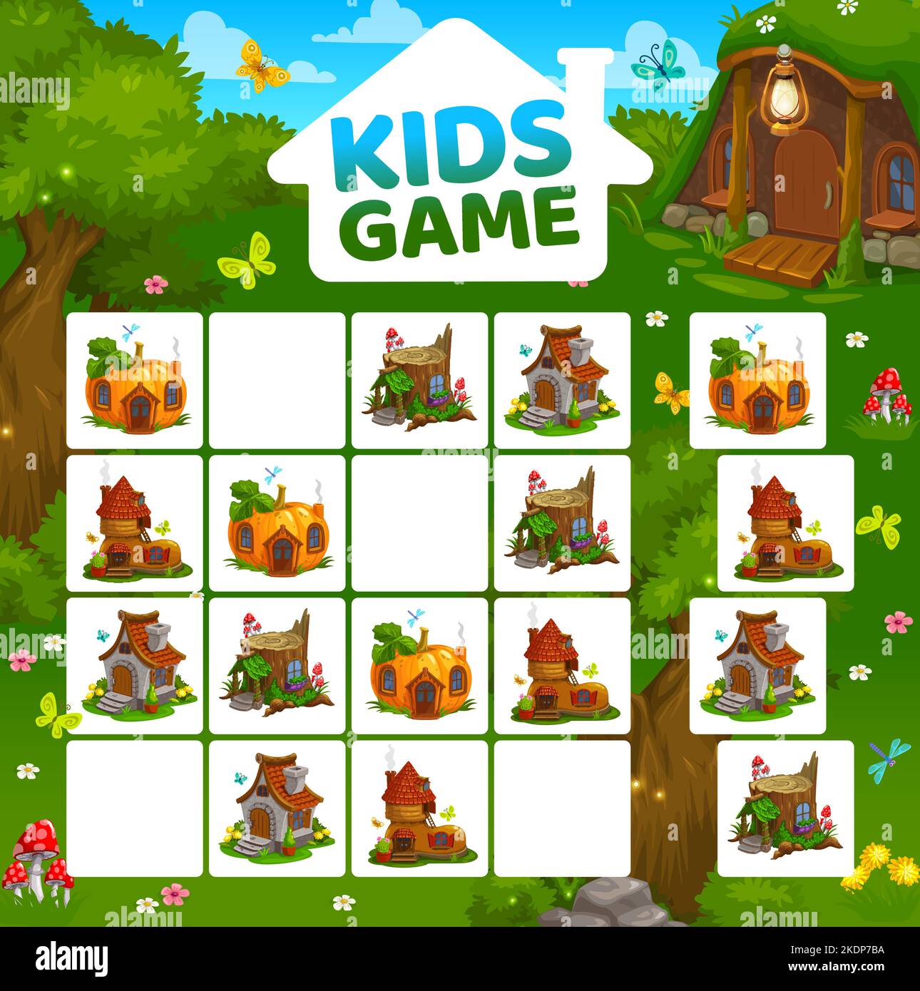 Sudoku game worksheet with cartoon gnome and elf houses. Logical puzzle ...