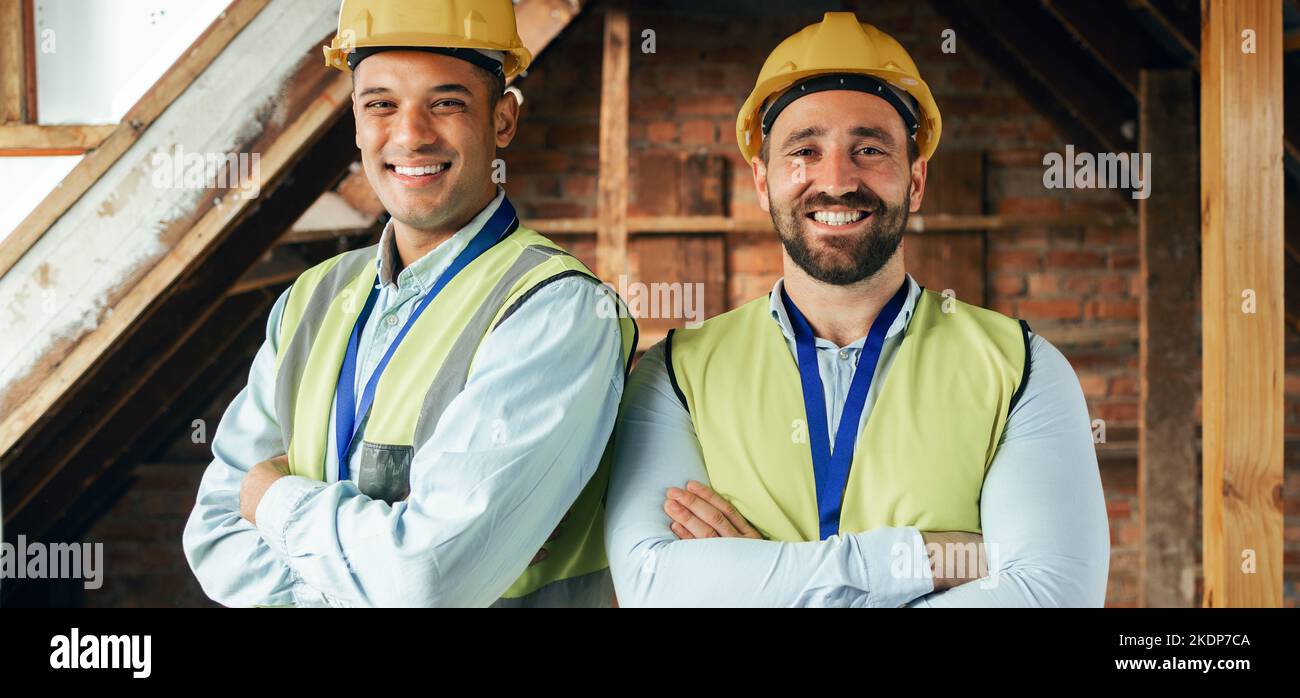 Building, collaboration and portrait of construction workers with ...