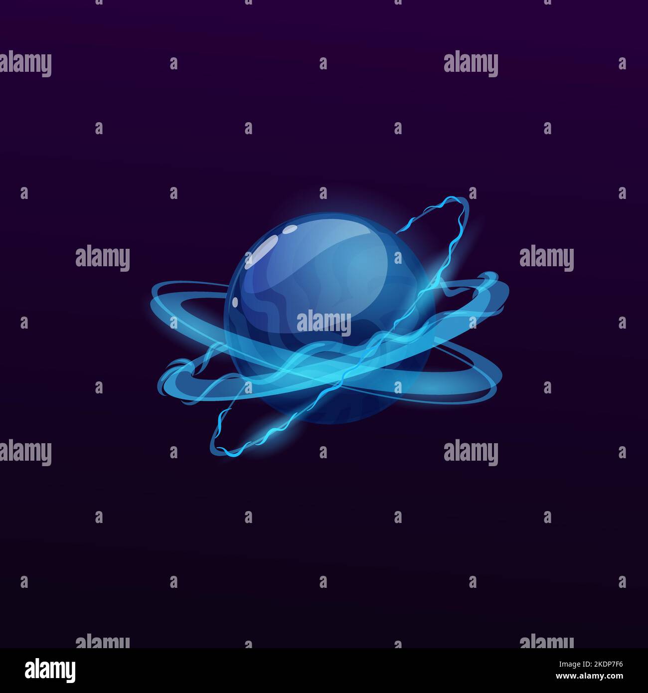 Blue glossy space planet with lightnings rings. Sci-Fi game user ...