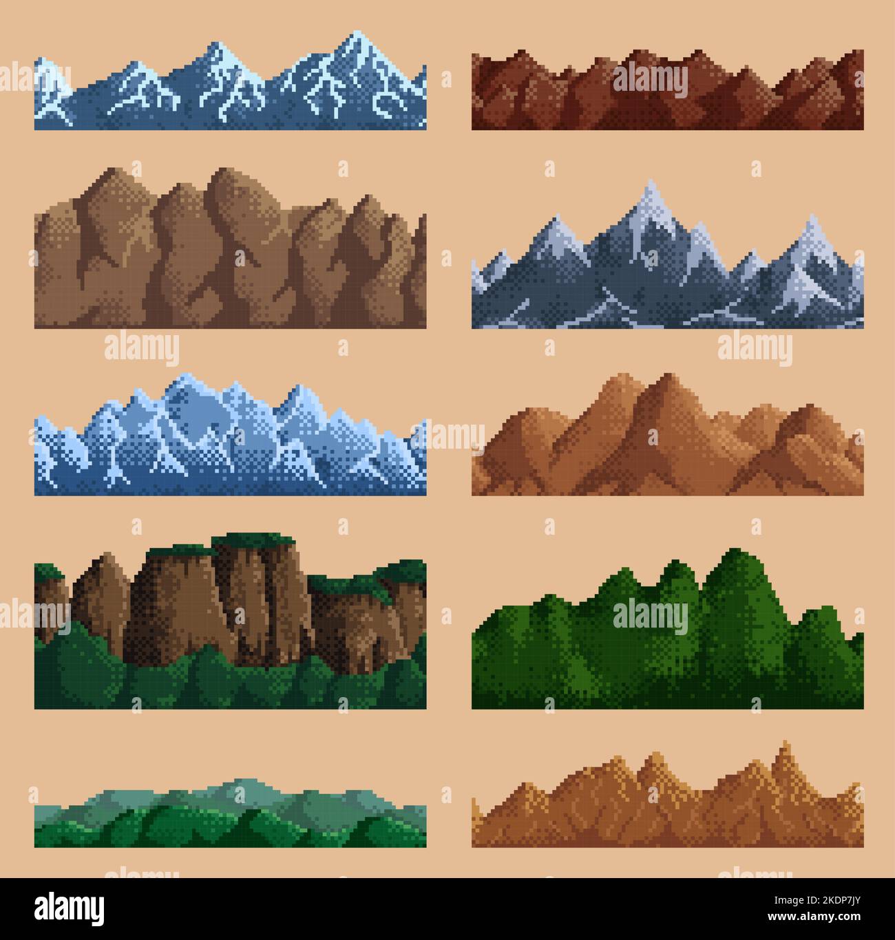 8bit pixel game mountains and hills. Vintage console, indie pixel game ...