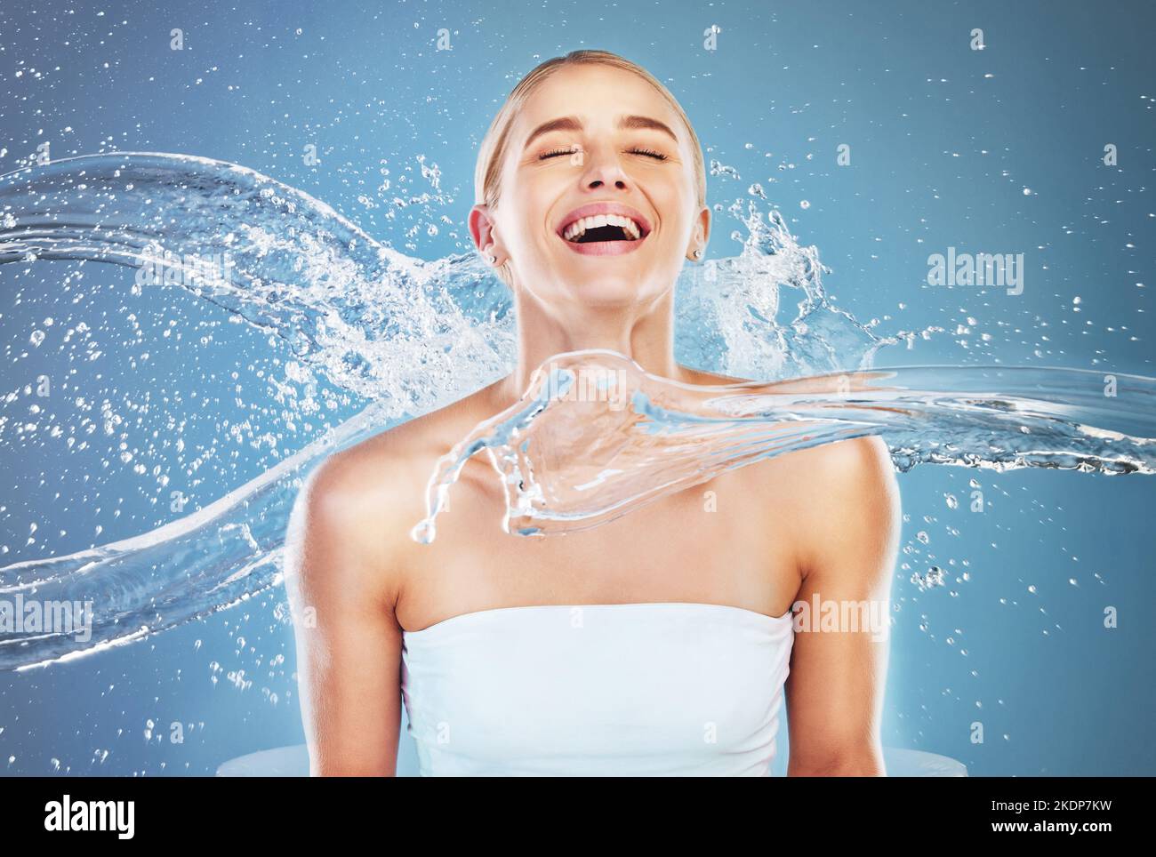 Hydration, happy and woman with a water splash for body cleaning, skincare and dermatology ...