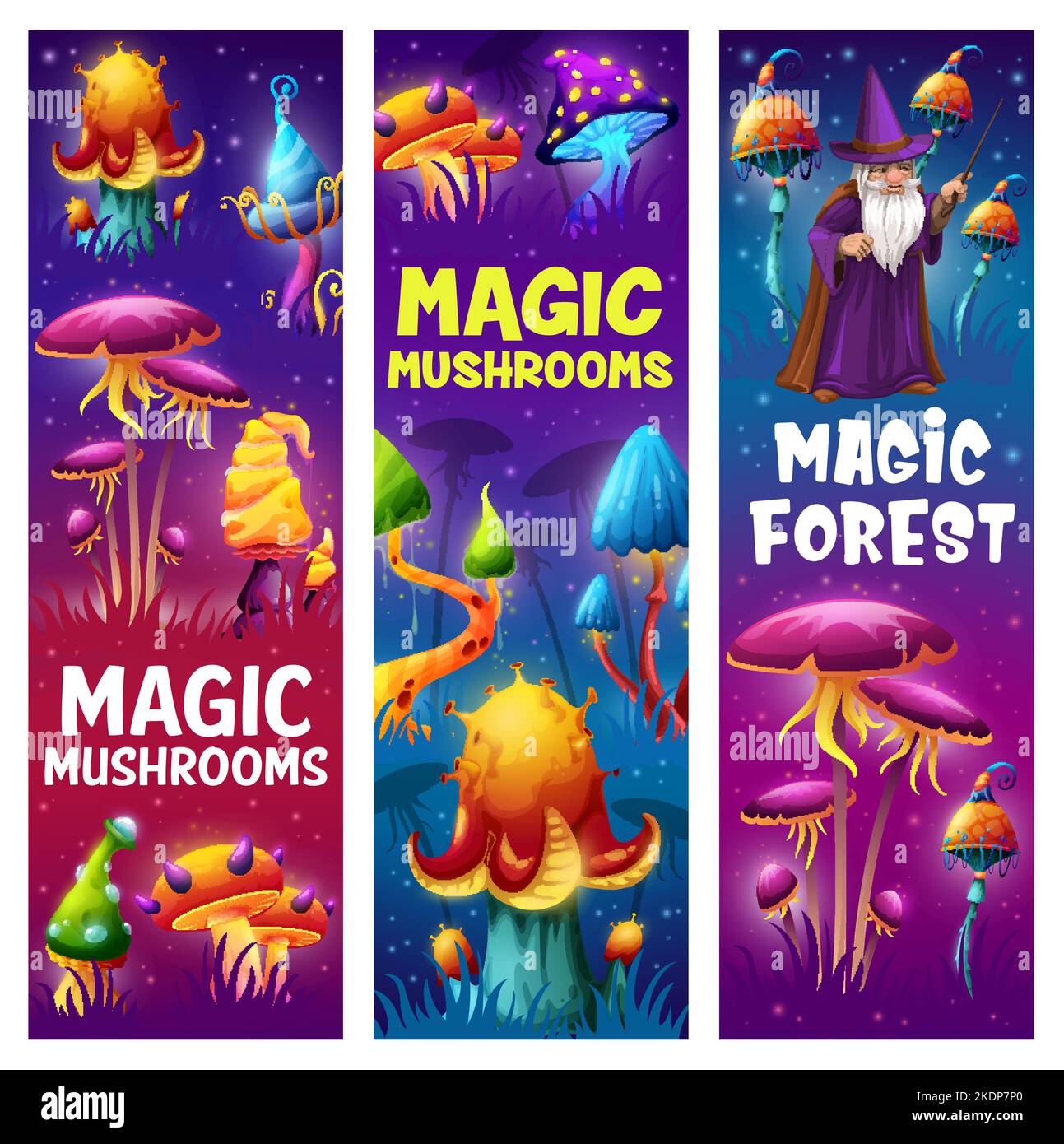 Magic mushrooms and wizard in fantasy forest. Kids vector background ...