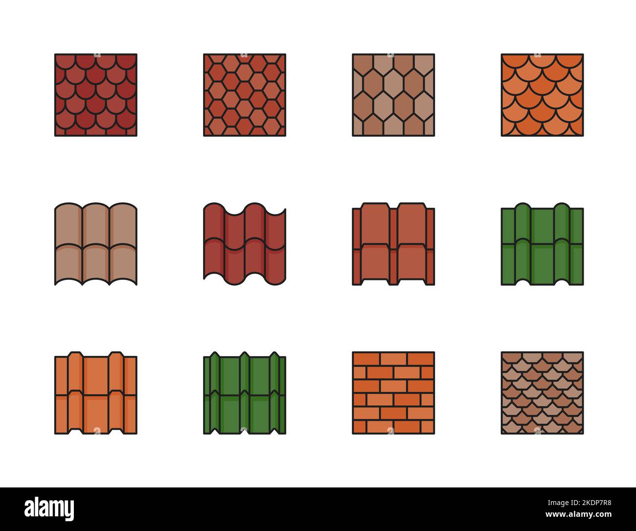 Color roof tile icons. House building rooftop metal sheet material ...