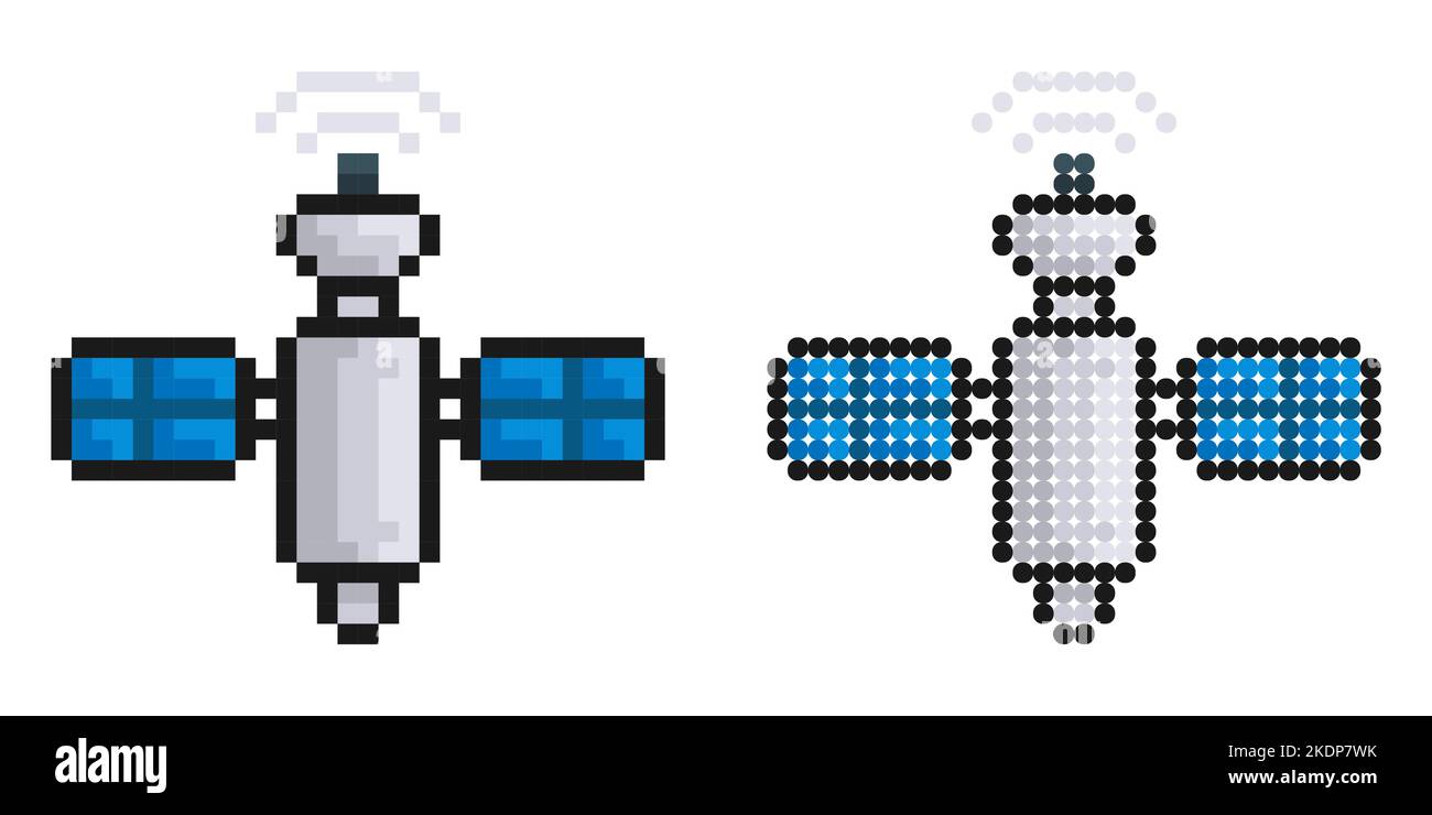 Pixel Icon Satellite Fly And Transmit Communication Signal Satellite