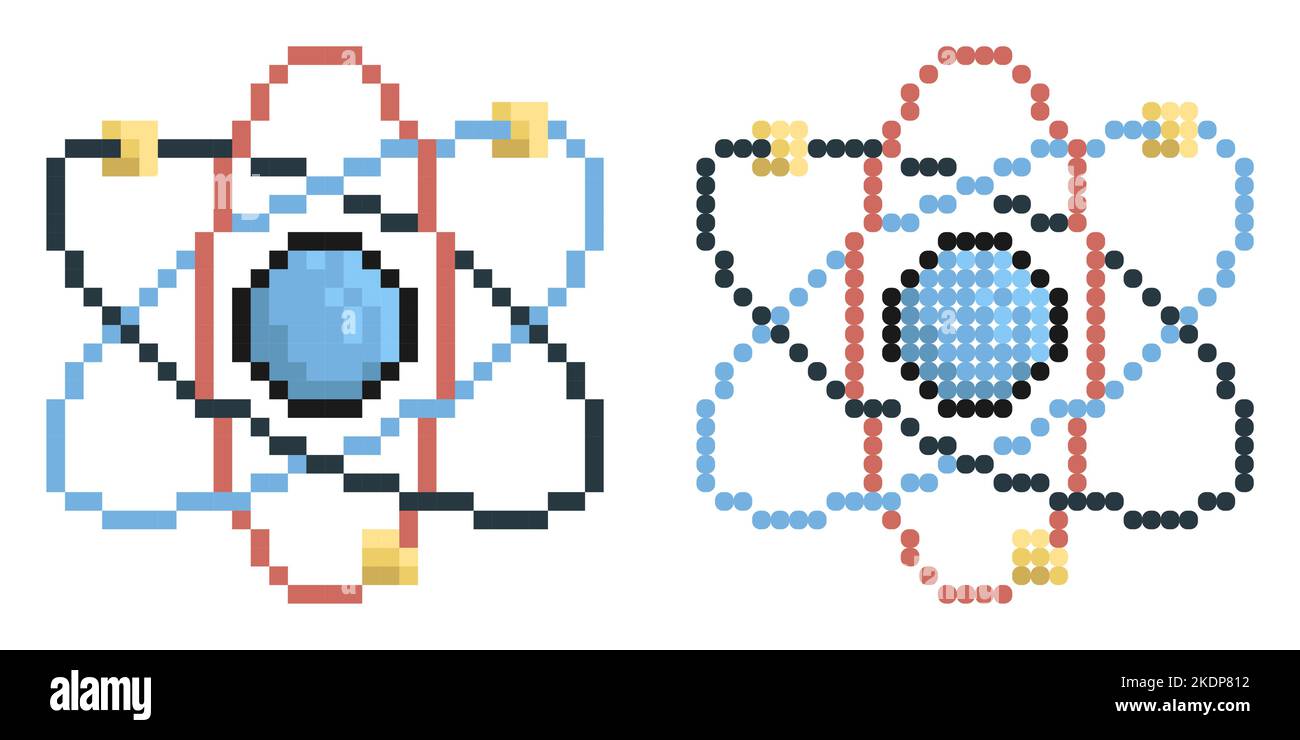Pixel icon. Atom, electrons revolve around proton in orbits. School ...