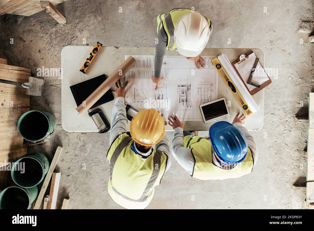 Top view, construction workers or blueprint planning in house, home or ...