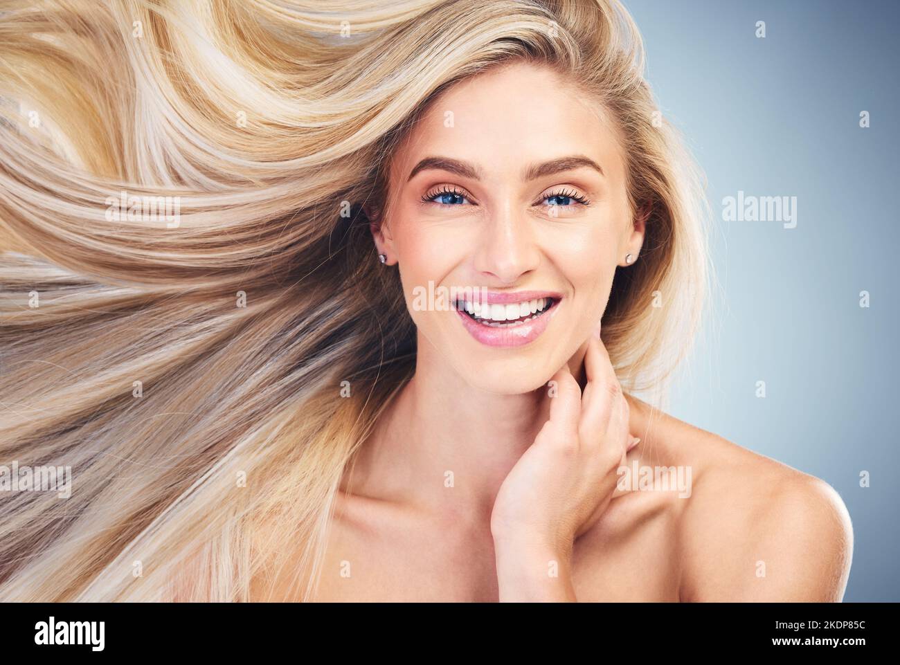 Salon, blowing blonde hair and portrait of woman with smile on face ...