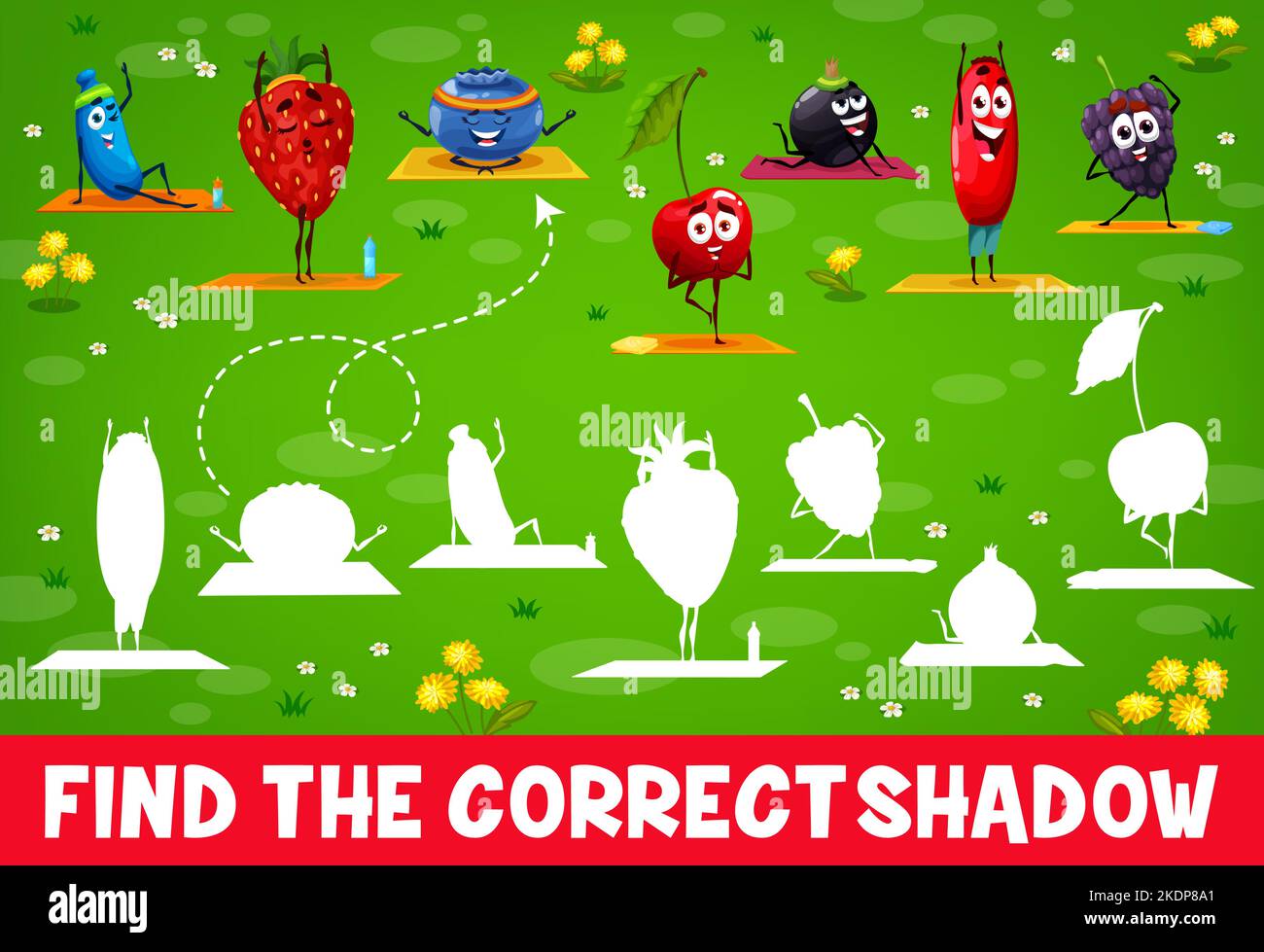 Find the correct shadow of cartoon berry characters on yoga fitness ...