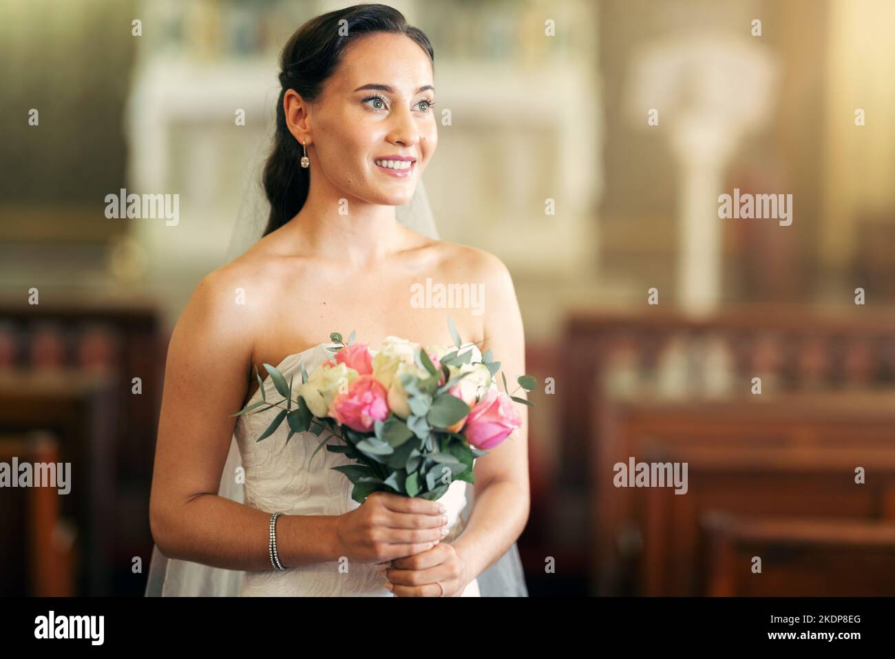 Happy bride, wedding flower bouqet and woman in marriage dress to marry ...
