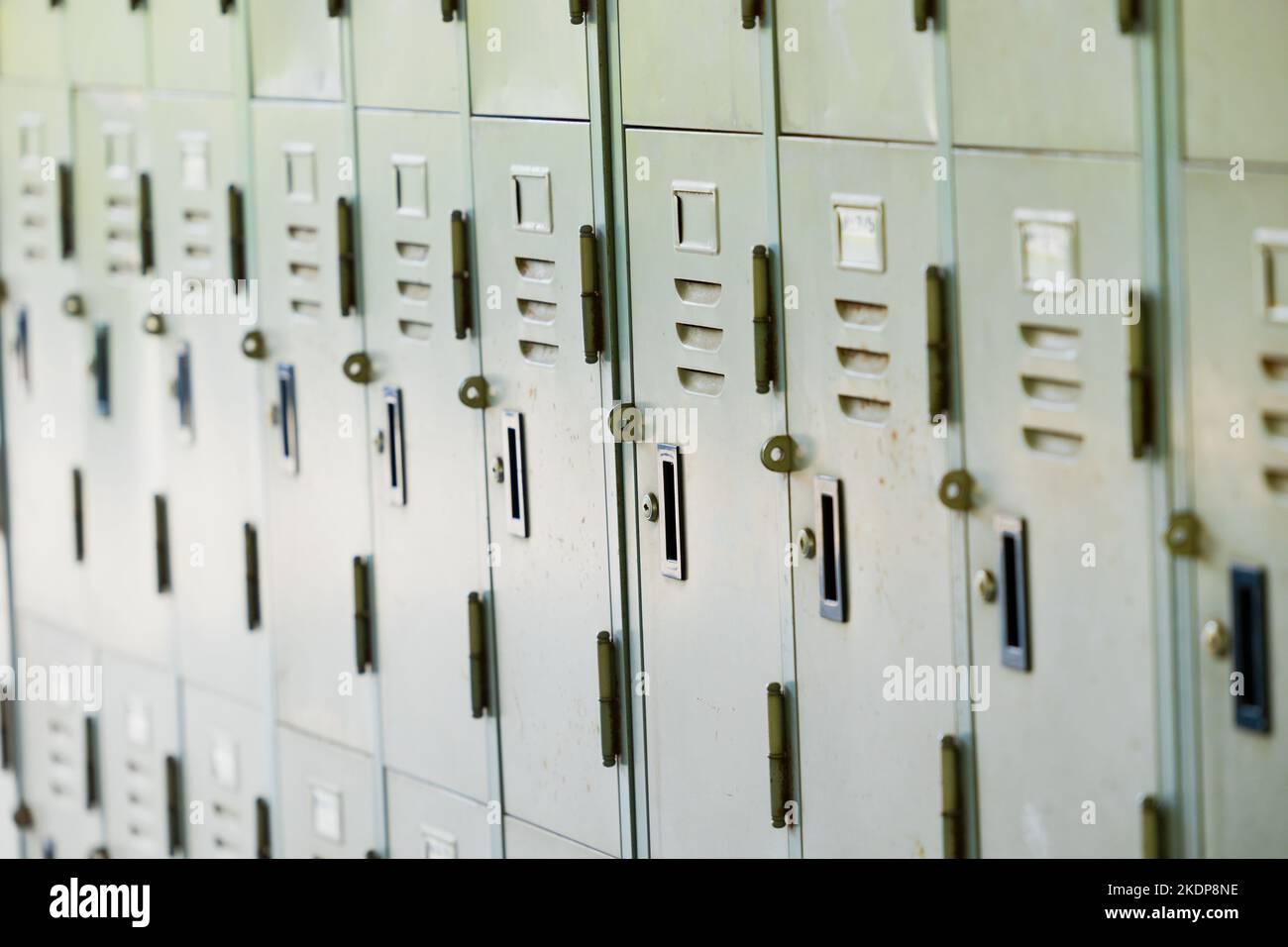 old closed locker row in university school or gym vintage old Stock ...